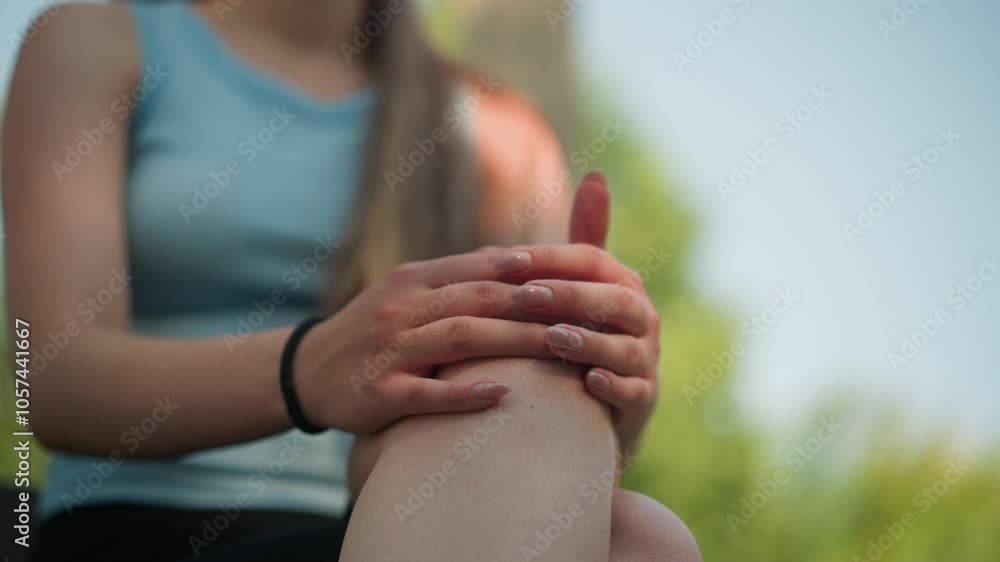 Partial view of young woman seated outdoors with leg crossed, hands ...