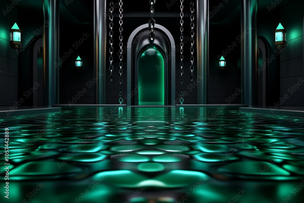 A magical prison cell with floating chains and shimmering barriers ...
