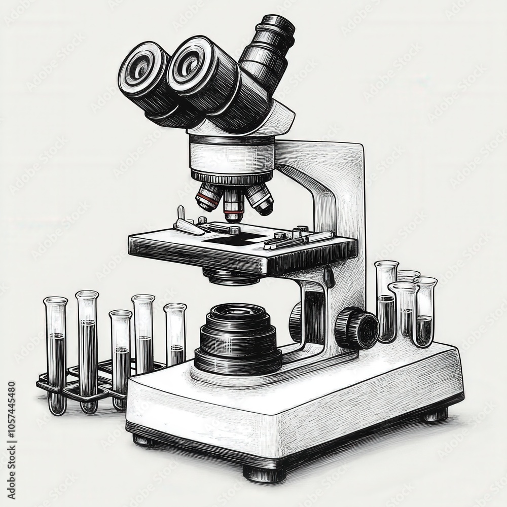Vintage Microscope with Test Tubes Illustration - Scientific Laboratory ...