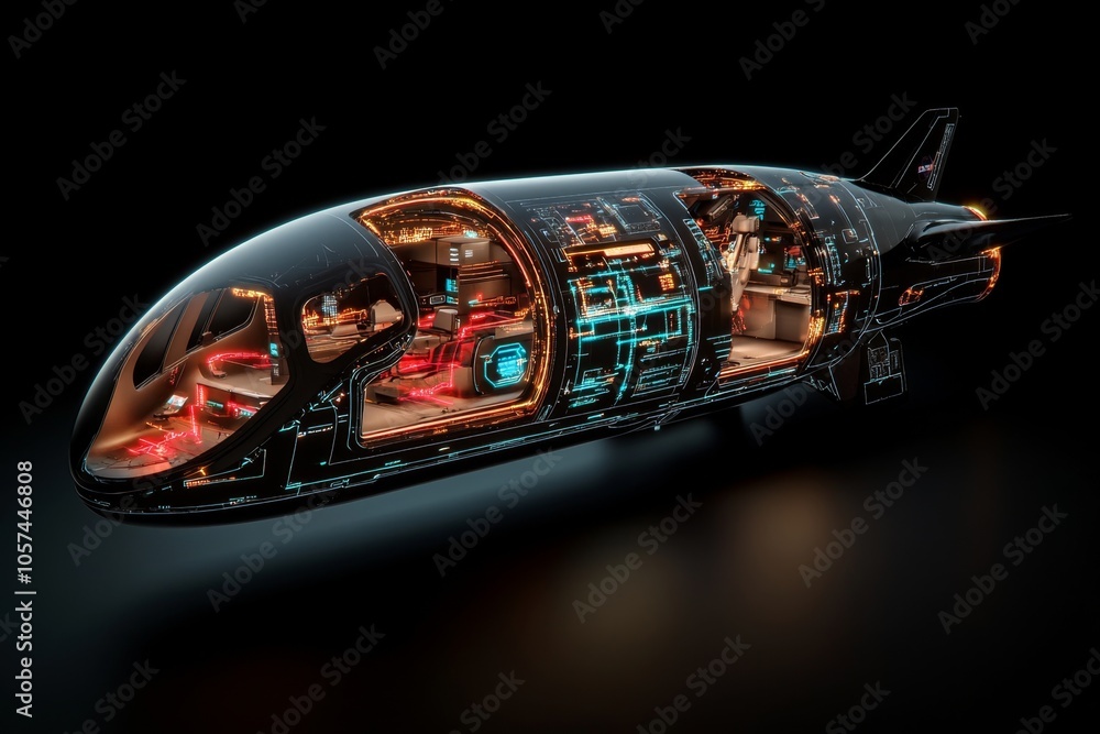 Blueprint of a spacecraftâ€™s interior with labeled sections for ...