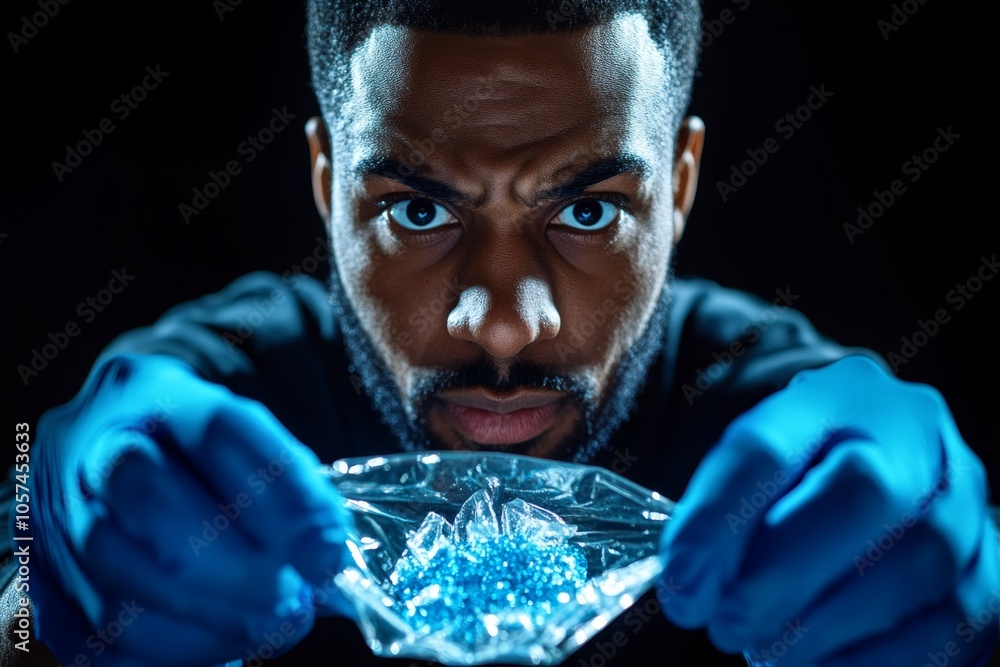 Detective wearing gloves, collecting evidence in a plastic bag at a ...