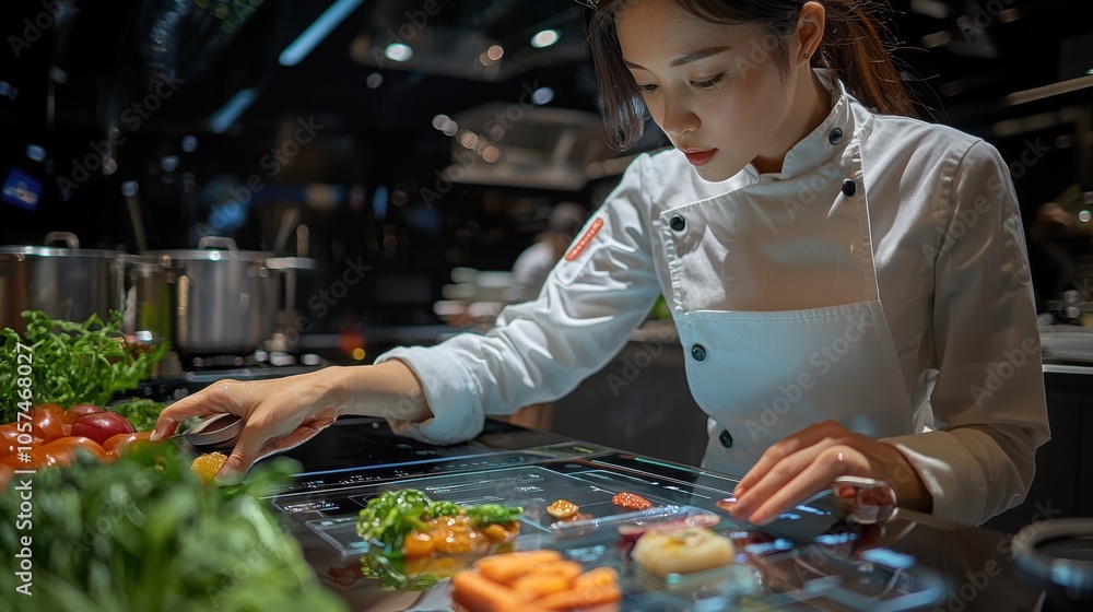 A digital chef at home, using a holographic cookbook that guides each step with virtual ...