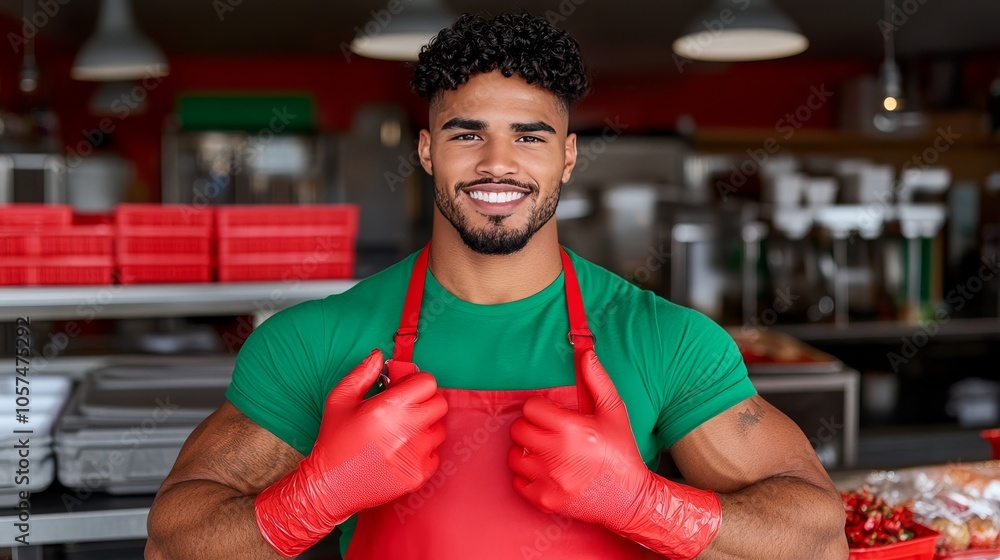 Smiling Chef in Red Apron and Gloves Working in Restaurant Kitchen ...