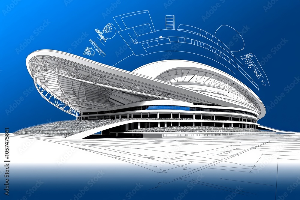 A blueprint of a stadium with detailed seating arrangements, lighting ...