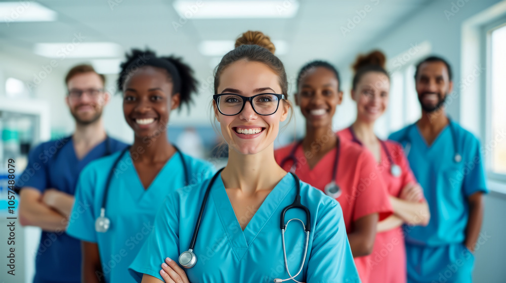 Multidisciplinary medical team led by a female doctor in a healthcare ...