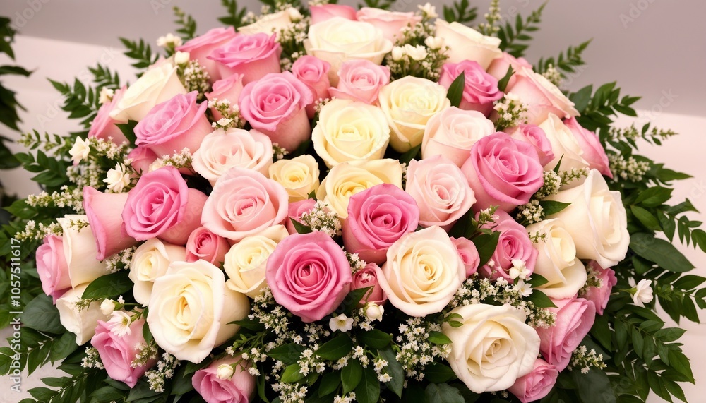 Large funeral flower wreath with white and pink roses, surrounded by ...