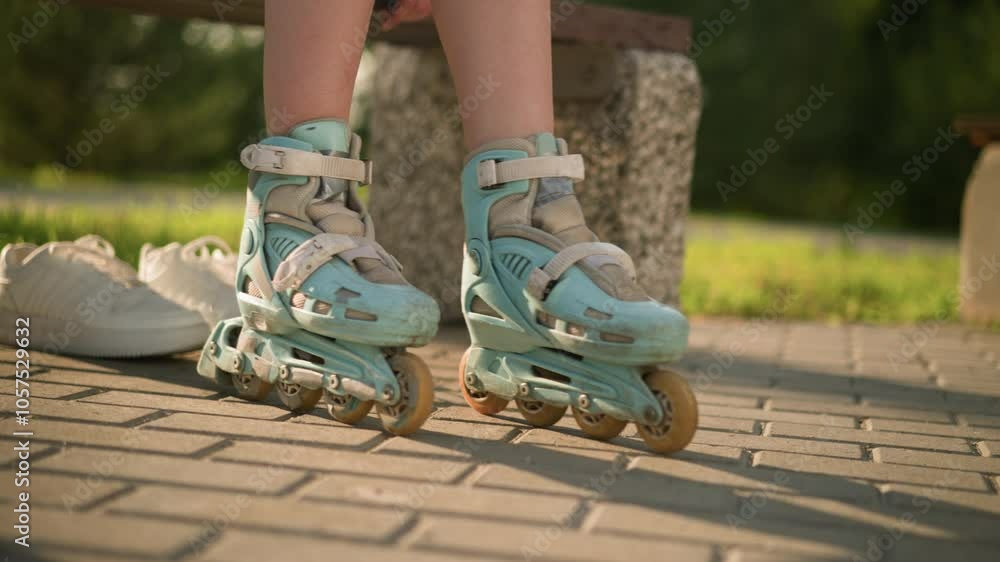 Leg view of lady in roller skates rolling back and forth on paved ...