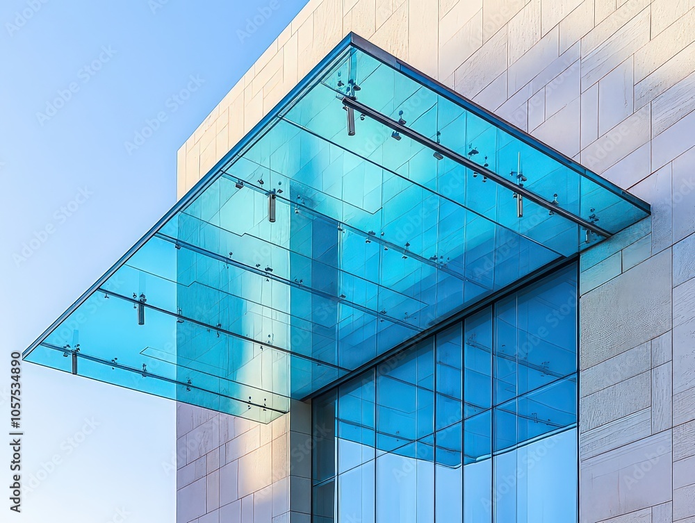 Contemporary glass canopy with blue tint above a building entrance ...