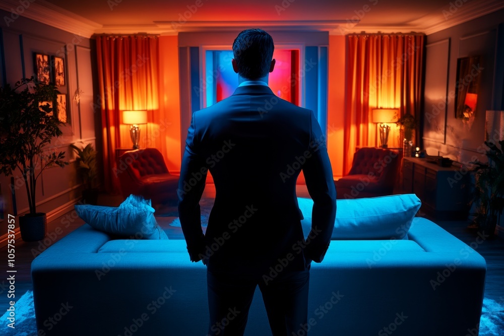 Silhouette of a suspect in a dimly lit room with a shadowed background ...