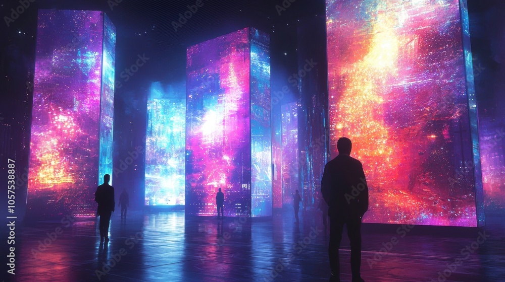 A futuristic theater with holographic displays previewing upcoming ...