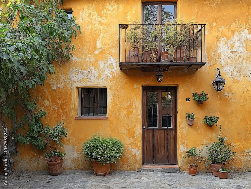 Charming rustic facade with yellow stucco, potted plants, and small ...