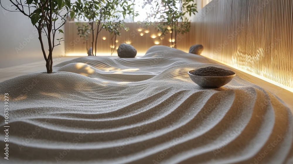 A high-tech zen garden with holographic sand patterns that adjust based ...
