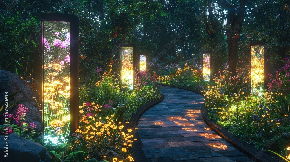 A scenic nature path with holographic information panels placed by ...