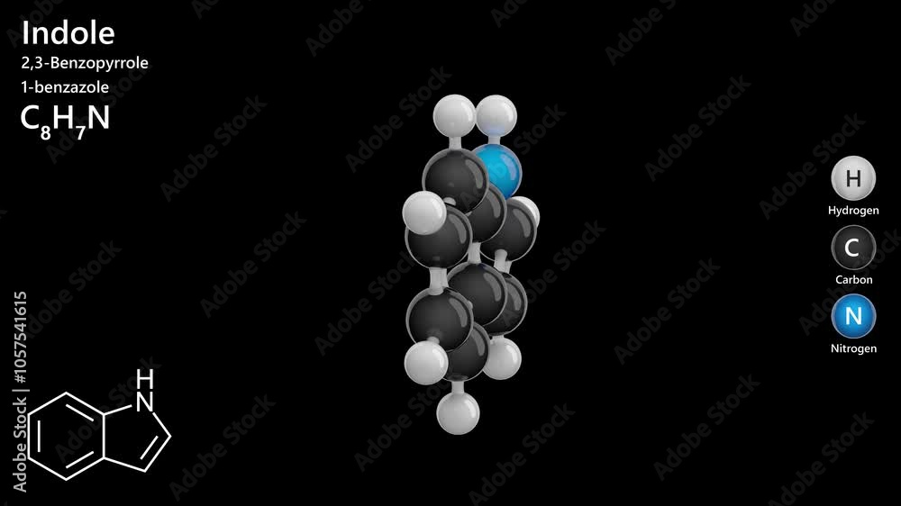Indole. Aromatic heterocycle. Animated 3D model of a molecule ...
