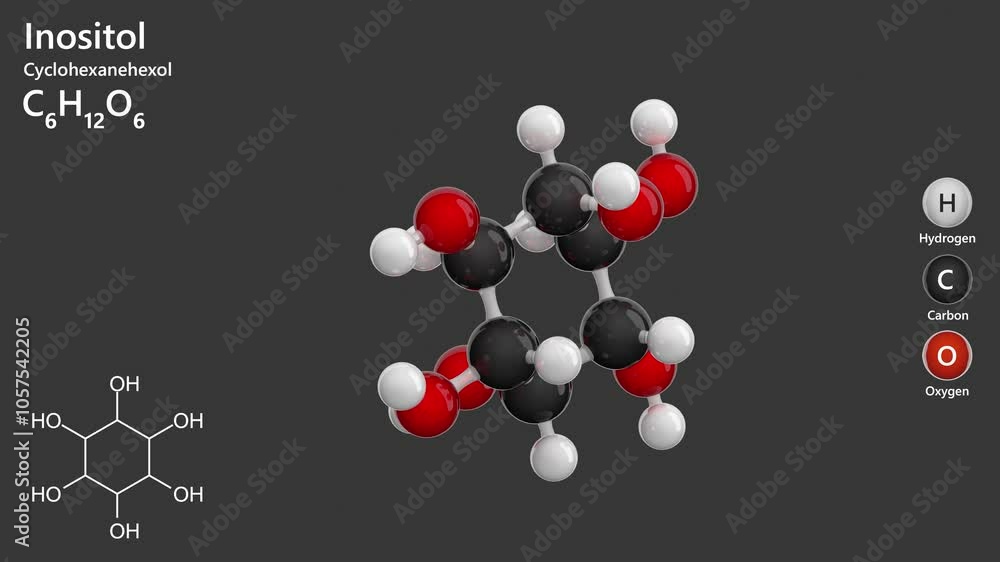 Inositol or myo-inositol. Isomer of glucose. Animated 3D model of a ...