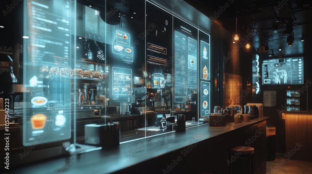 A trendy café with holographic menu boards that animate as customers ...