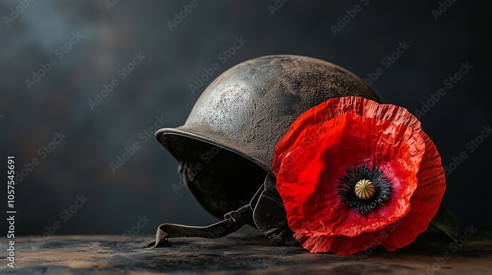 Single poppy flower lying next to a damaged, dusty soldier's helmet ...
