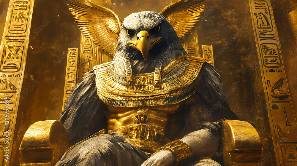 Horus, egyptian god with eagle face seated on a golden throne ...