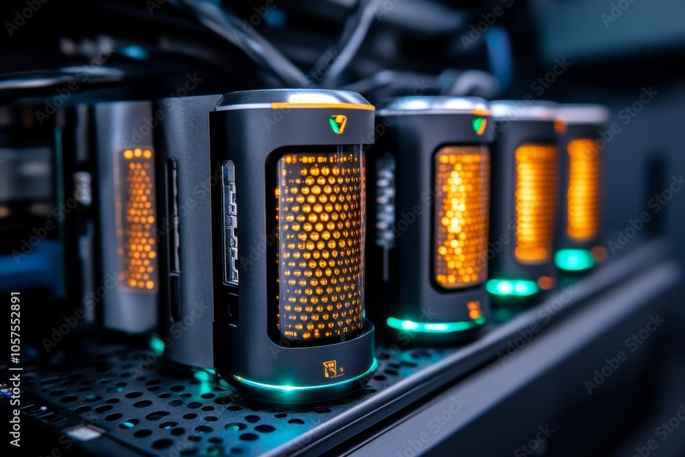 Hyper-realistic image of industrial sensors transmitting data to a ...