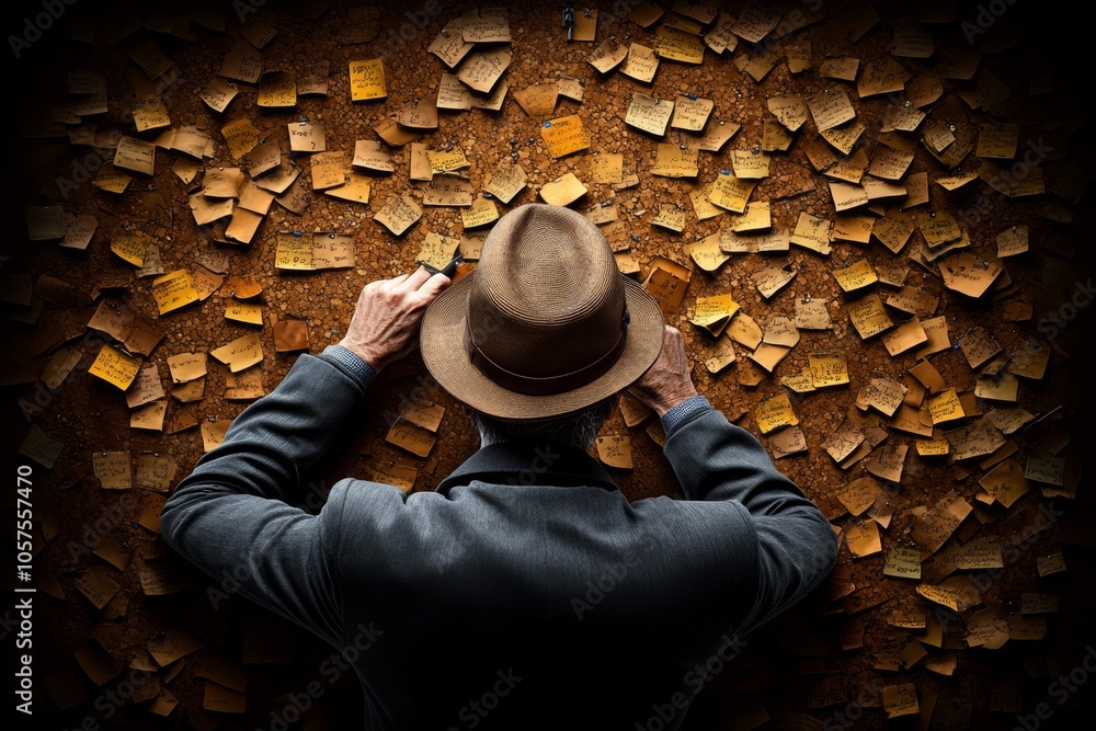Retro-inspired scene of a detective with a corkboard and notes, with ...