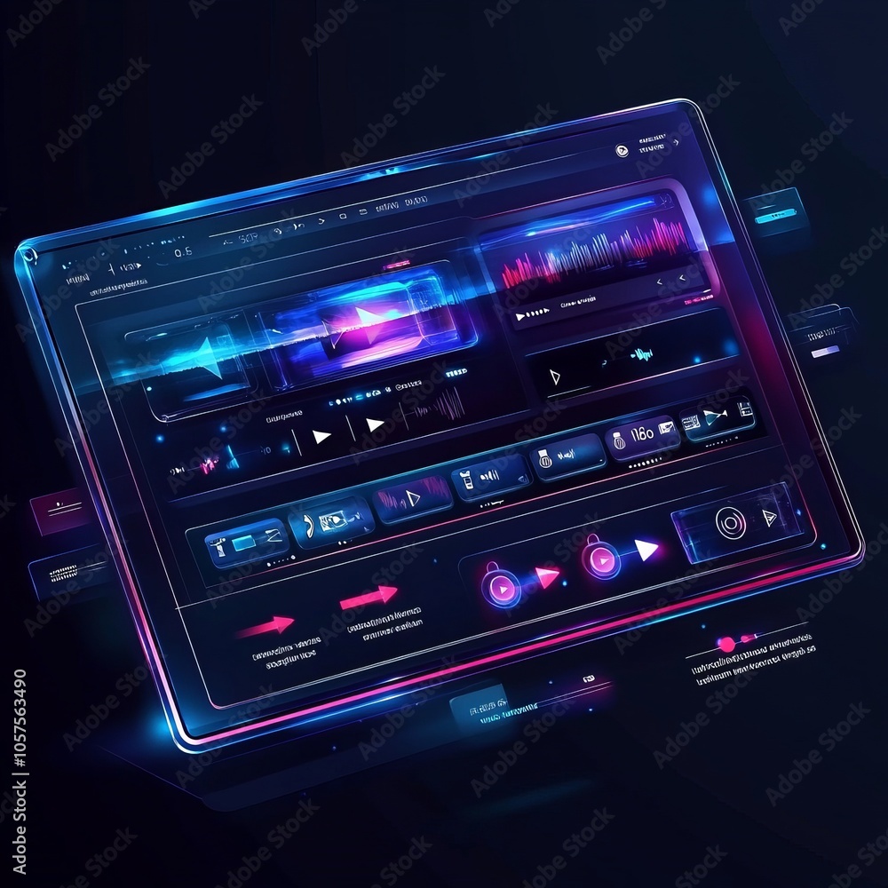 Dark, glossy transparent video player interface, showing a live audio ...
