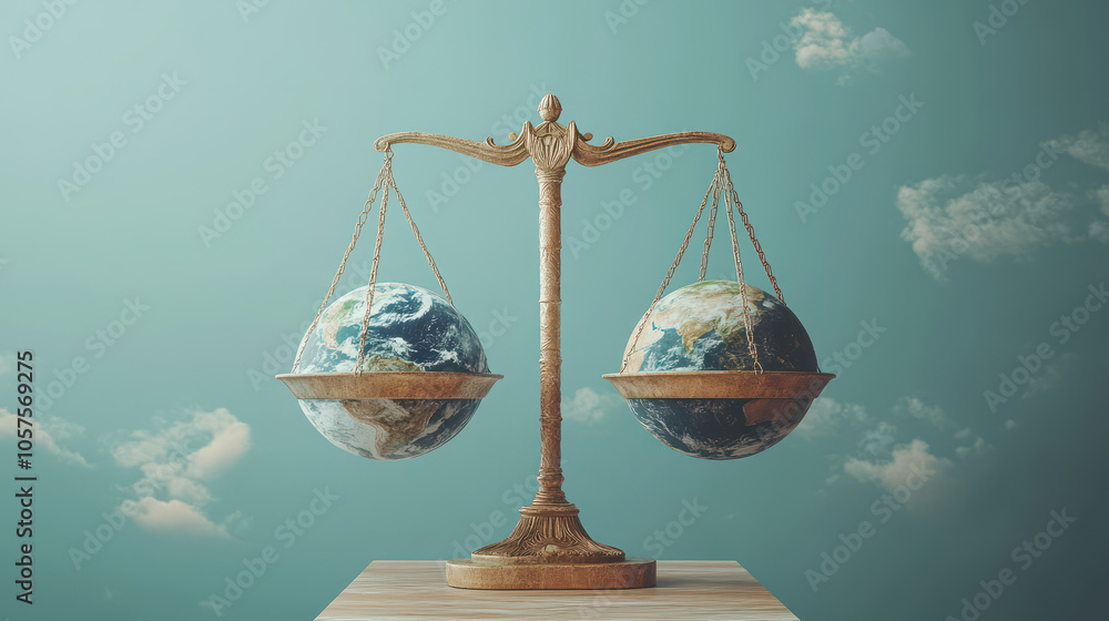 stylized 3D banner depicting scale balancing two globes, symbolizing ...