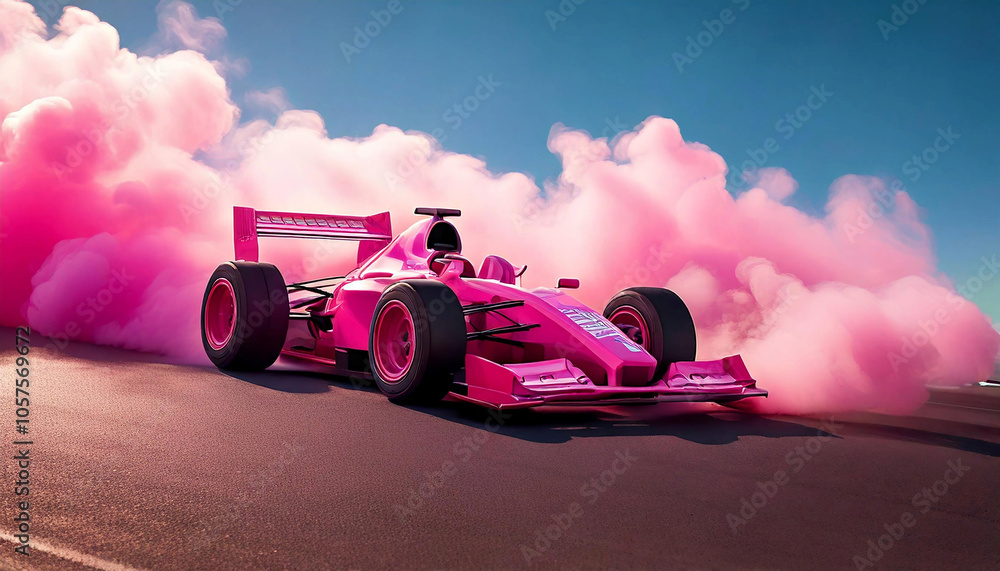 Sleek pink Formula 1 car leaving trail of pink smoke against pastel ...