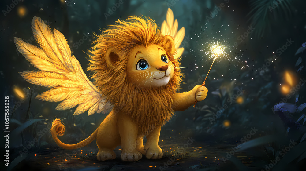 Magical winged lion, an adorable cartoon lion with fluffy wings and a ...