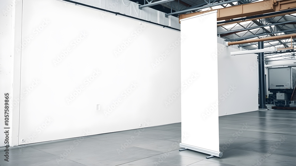 Blank Roll Up Banner Mockup in Industrial Setting - A white roll up ...