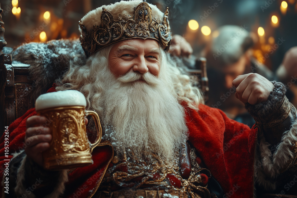 Majestic king sitting on a throne with a glass of foamy beer... Stock ...