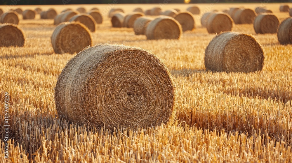 Round Dry Hay And Straw Bales From Cut Grain On Harvested Wheat Fields ...