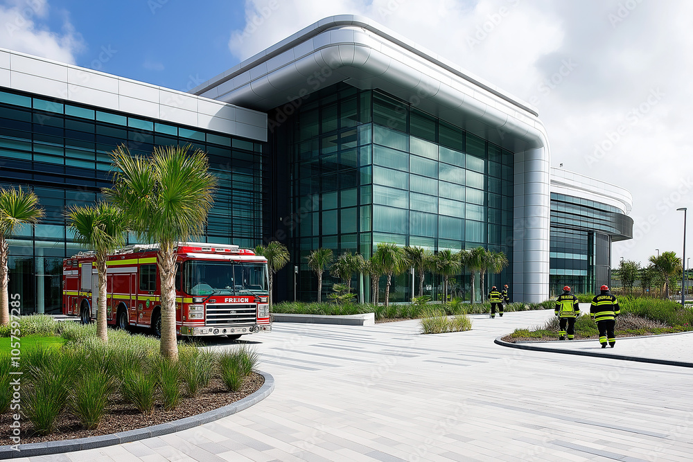Uk Fire Engine Parked In Front Of A Modern Building, With Firefighters ...
