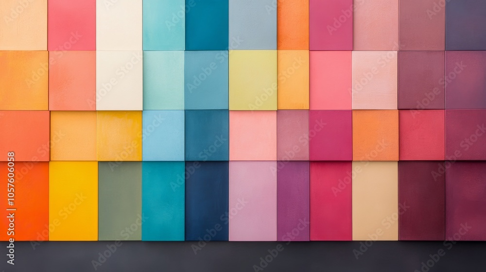 Colorful arrangement of square blocks displayed on a wall in an ...