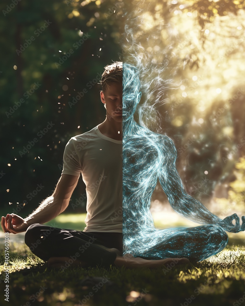 Half of a young man meditating outdoors is transforming into a being of ...