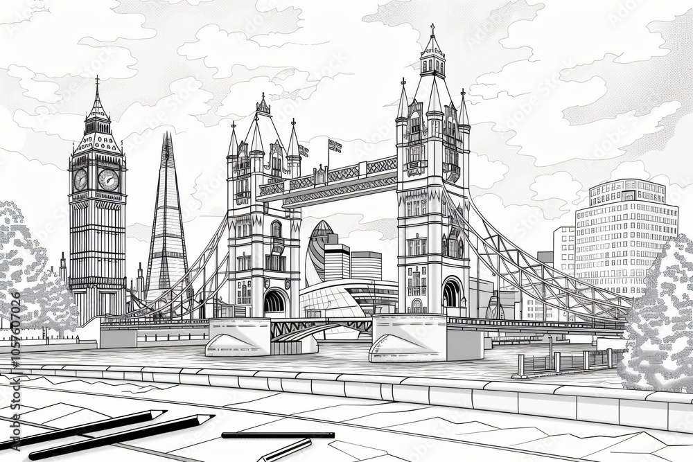 coloring page of London cityscape with Big Ben and Tower Bridge ...