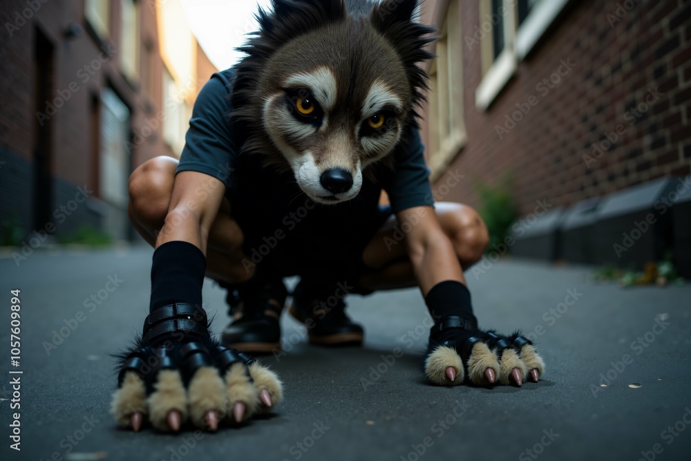 Intense furry character in urban alley for cosplay and costume design ...