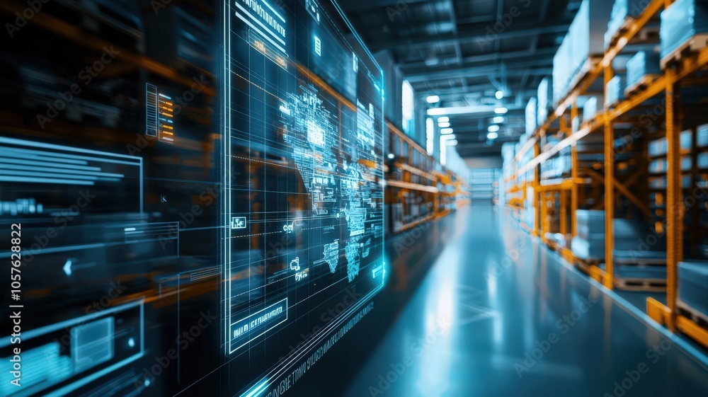 Holographic inventory map in futuristic warehouse, logistics innovation ...