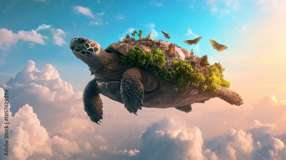 A bustling marketplace in a city built on a giant, flying turtle ...