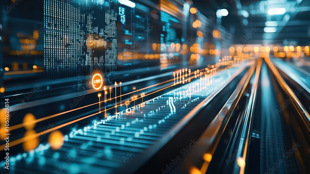 Rows of conveyor belts with digital tracking screens, logistics ...