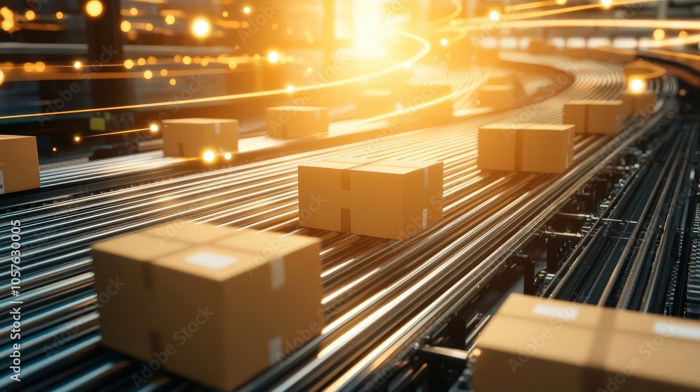 Smart conveyor belt system sorting heavy packages, logistics automation, efficient material ...