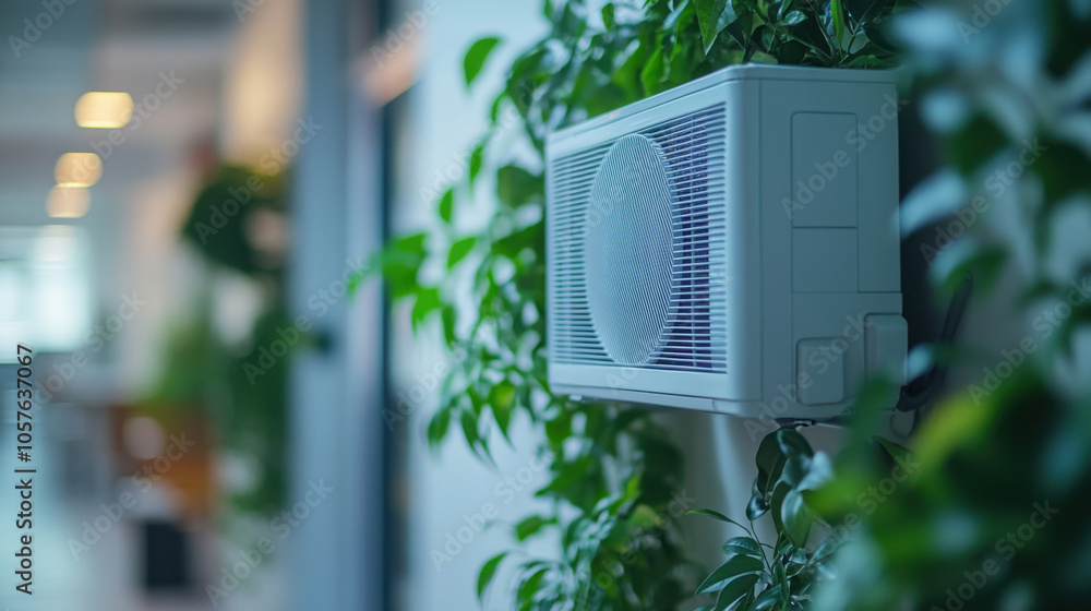 Eco-friendly outdoor air conditioning unit on building wall with greenery, sustainable cooling ...
