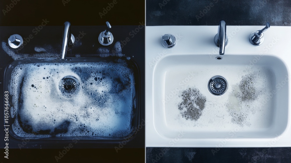 A side-by-side comparison of a dirty sink filled with soapy water and a ...