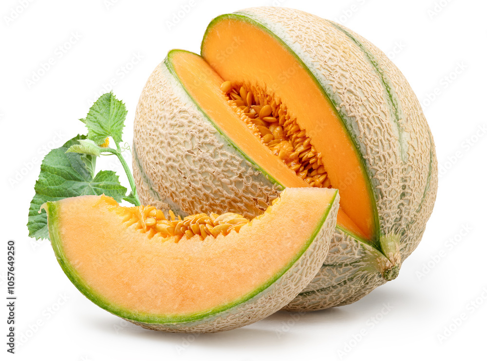 Cantaloupe melon with melon slice isolated on white background. File ...