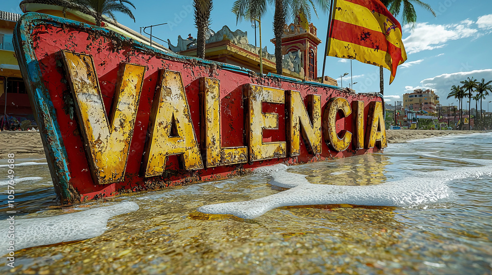 Vintage "Valencia" Sign Partially Submerged with Spanish Flag in ...