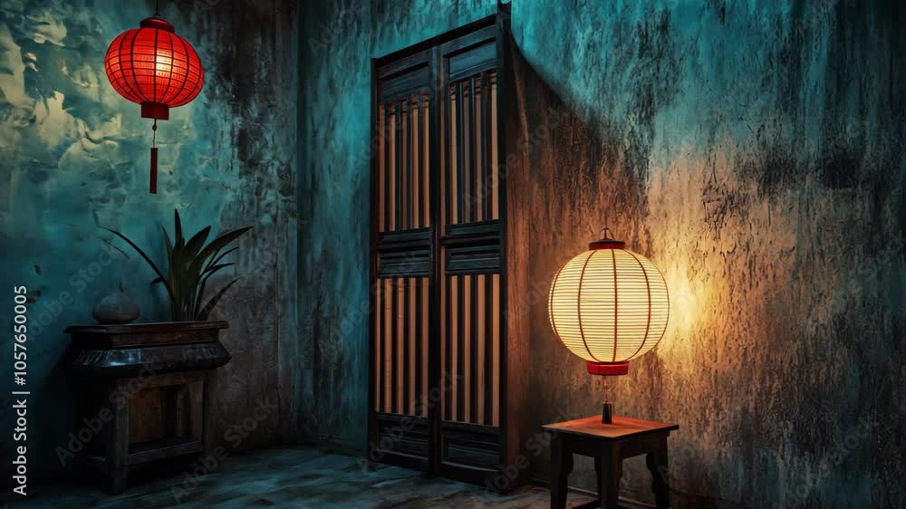 A red and a white paper lantern hang in a dimly lit room with wooden ...