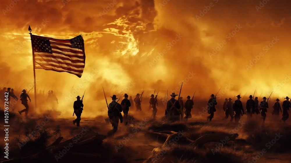 Regiment advancing through rough terrain at golden hour, tattered ...