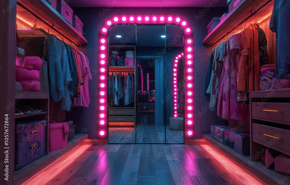 Neon-lit Vibrant Pink walk-in closet with glowing drawers, dressers ...