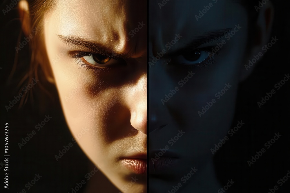Split image of a calm and angry face, light vs dark contrast, inner ...