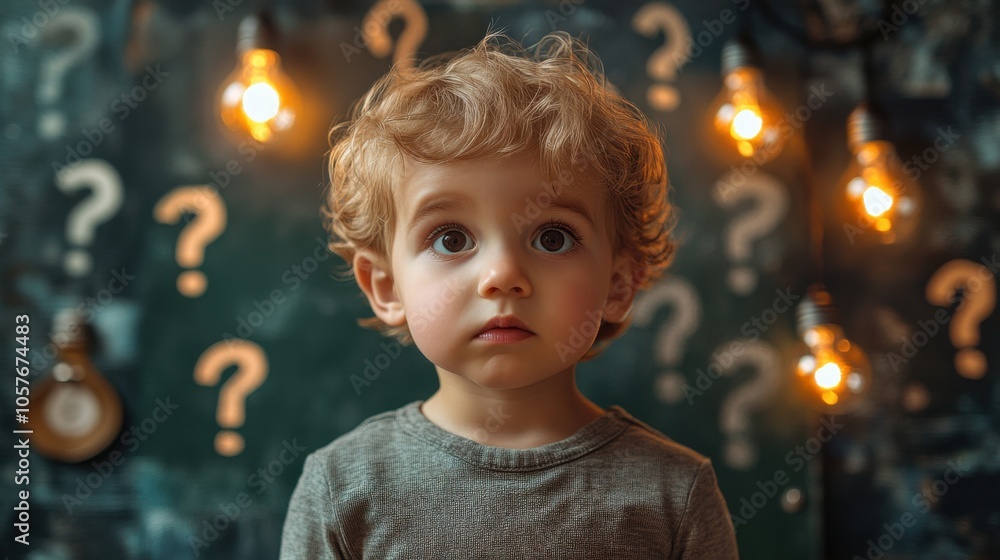 Curious child with question marks on chalkboard background, wonder and ...