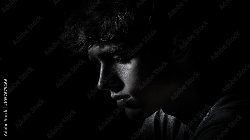 monochromatic portrayal of a depressed young man, expression reflecting ...